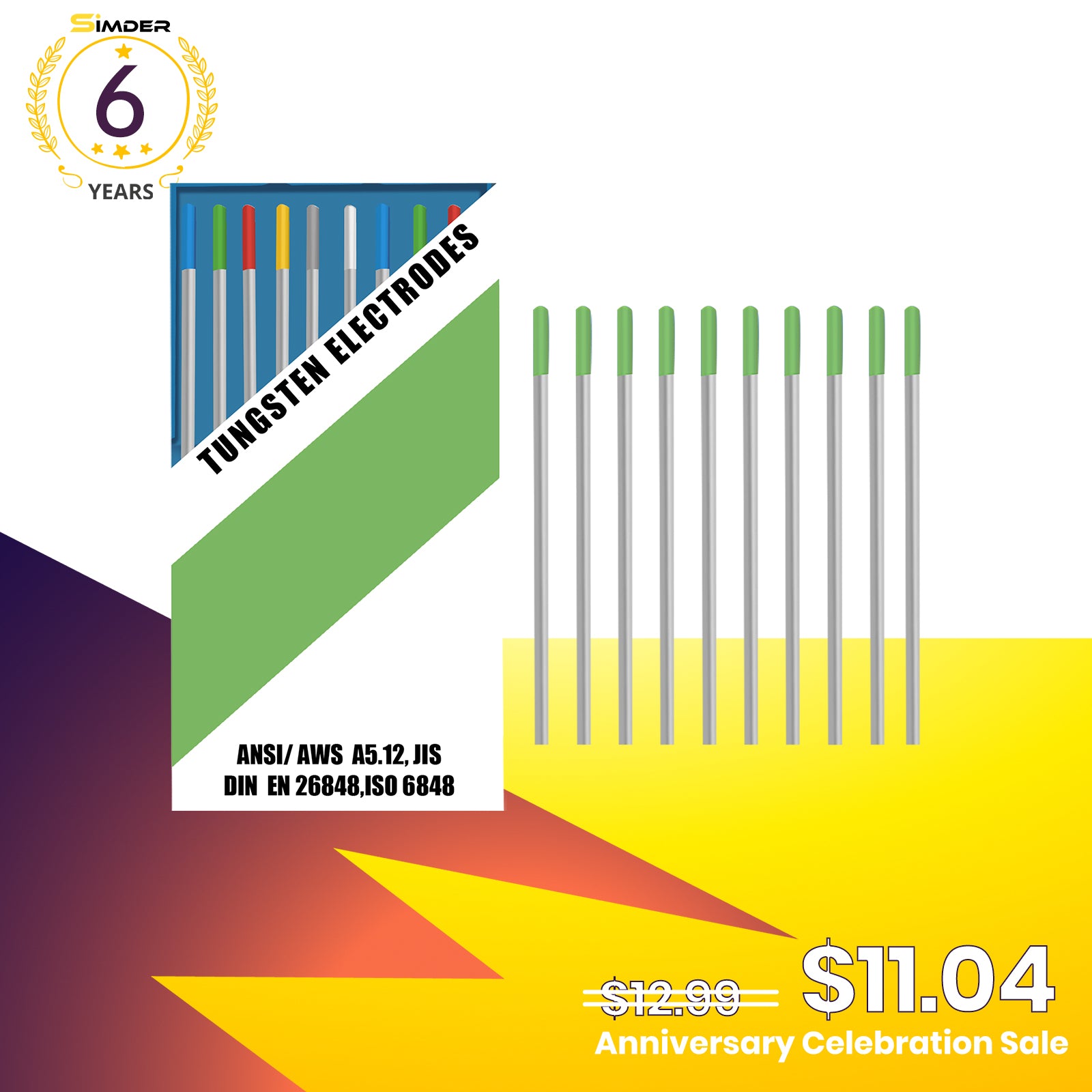 SSimder WP Green TIG Welding Tungsten Electrode 10-Pack